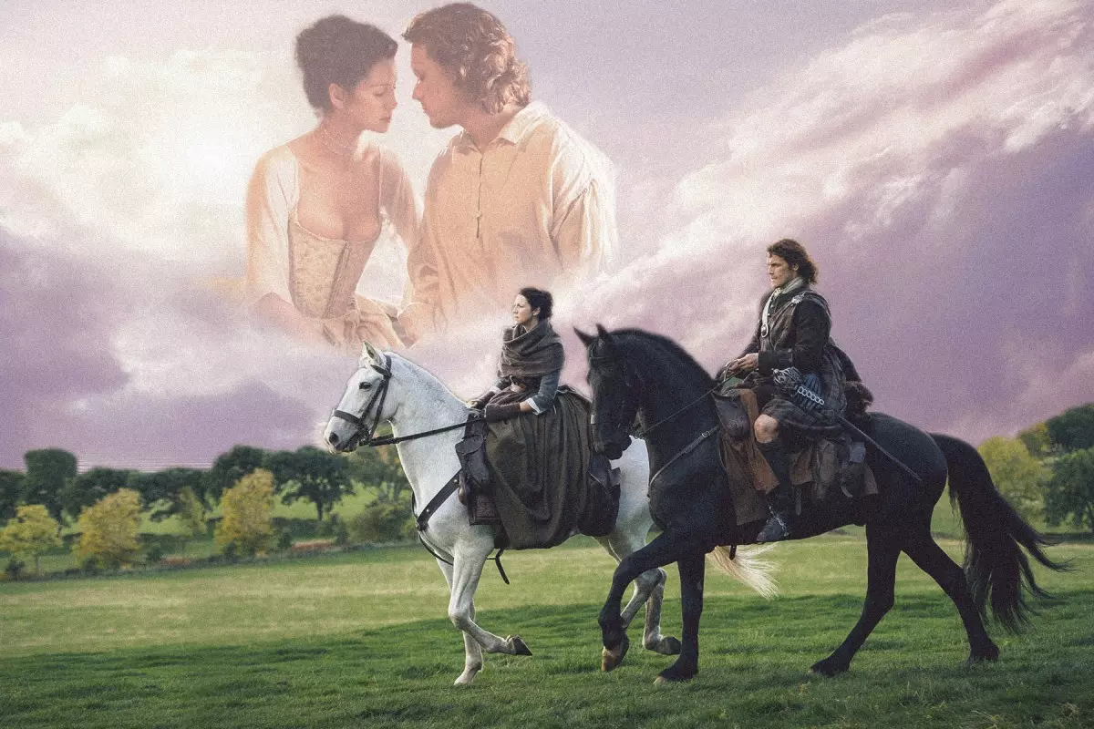 Claire e Jamie Fraser no programa de Starz