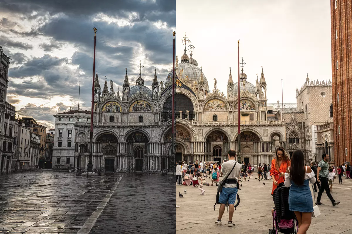 Kini nga Una-ug-Pagkahuman nga mga Litrato Nagpintal sa usa ka Makaluluoy nga Hulagway sa Problema sa Turismo sa Venice