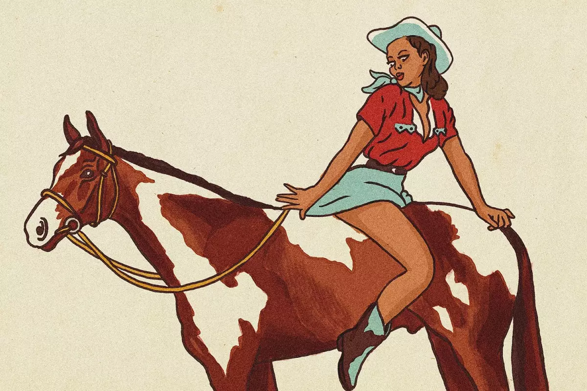 pinup cowgirl yn eistedd yn ôl ar gefn ceffyl