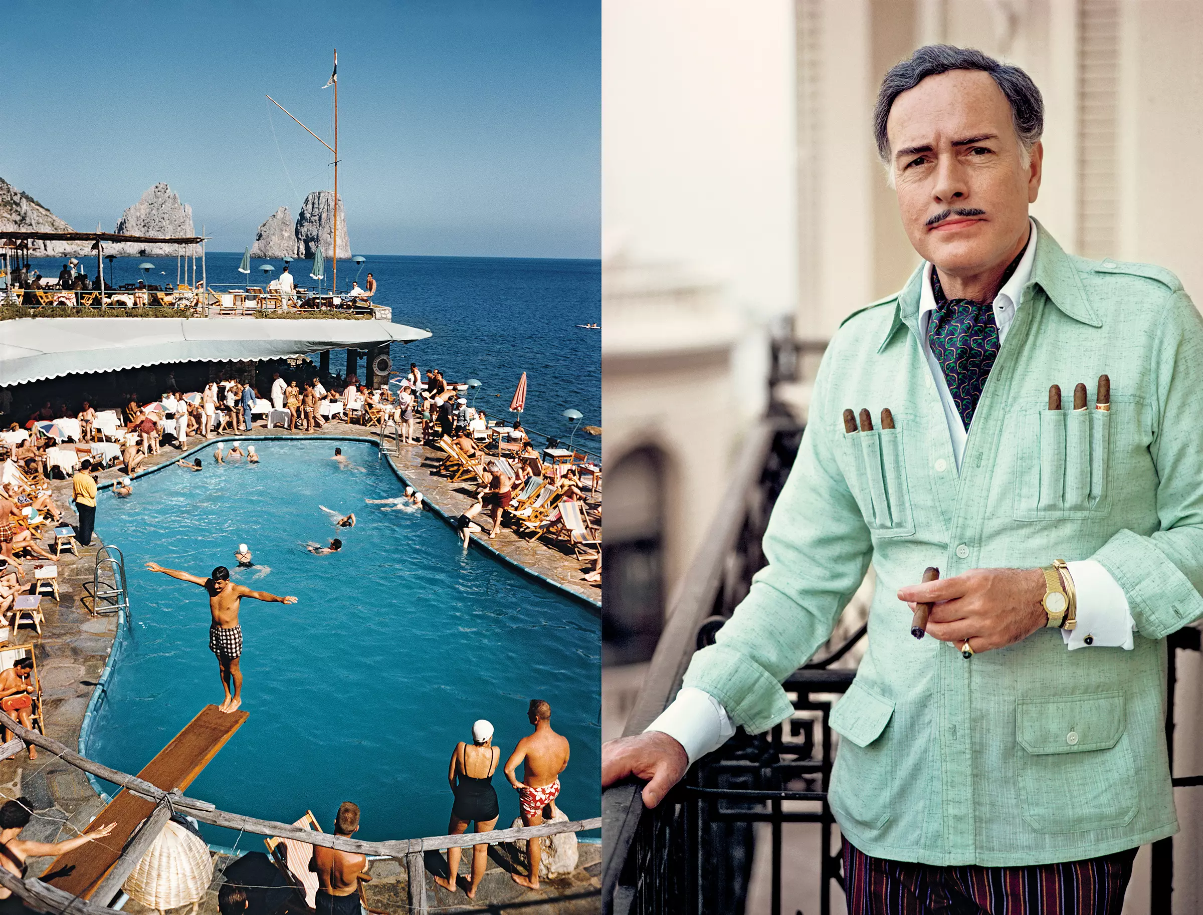 Δύο φωτογραφίες από τον Slim Aarons: μία με έναν άνδρα που πηδά από μια σανίδα καταδύσεων σε ένα πάρτι και μία από έναν πλούσιο άνδρα με πουκάμισο guayabera που καπνίζει ένα πούρο