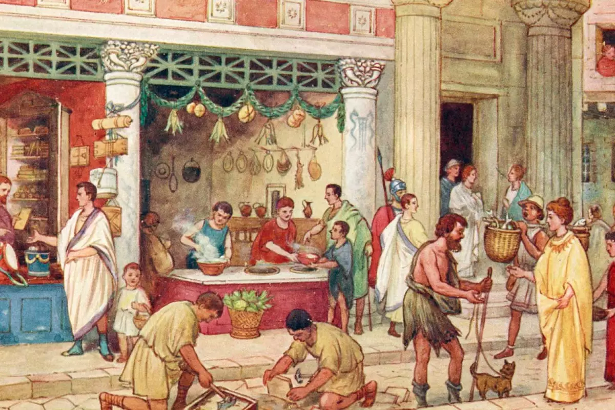 O Imperio Romano - escena de rúa con vendedores. Produtos, comida, artesanía, mercado, libreiro, comerciante, comerciantes, garda, gardas, toga, togas.