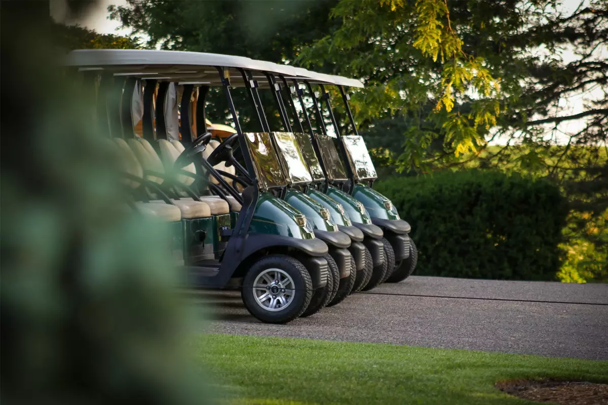 Una linea di carrelli da golf verde e marrone chiaro seduti su un campo da golf nella luce del primo mattino