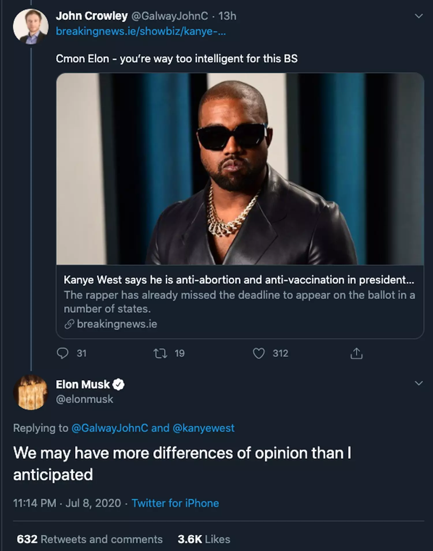 tweet Uachtarán Elon Musk Kanye