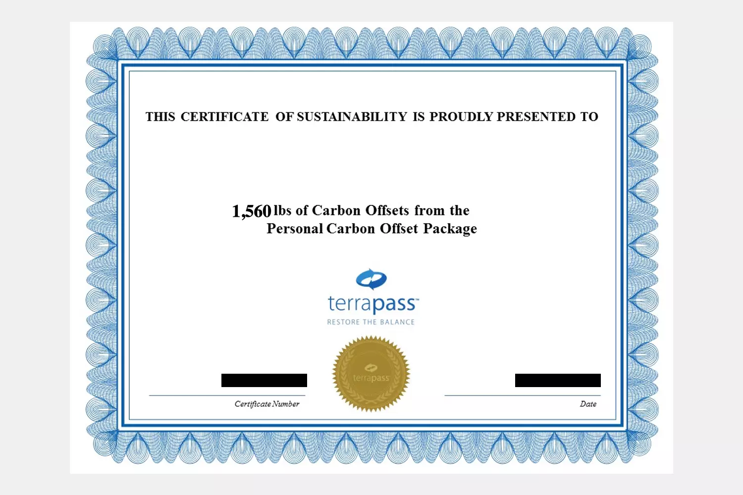 Certificato Terrapass di compensazione del carbonio per i viaggi aerei