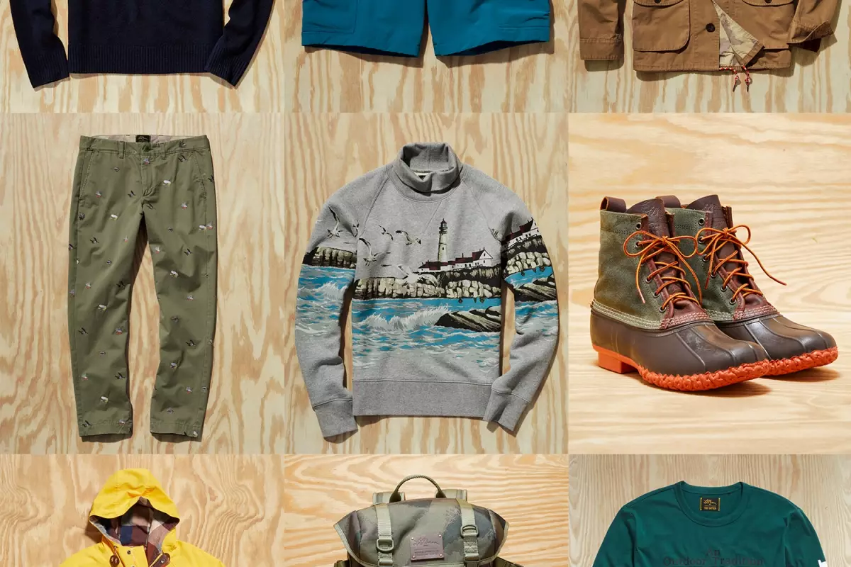 Todd Snyder ve L.L.Bean'in ikinci ortak çalışma koleksiyonu Upta Camp'tan işlemeli pantolonlar, kazaklar, mumlu kanvas Bean çizmeler ve diğer erkek giyim parçalarından oluşan bir ızgara