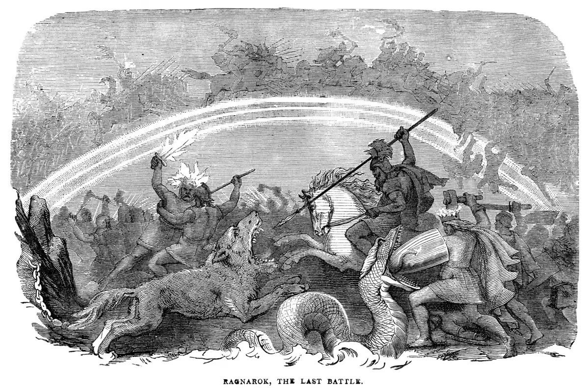 Gravado vintage de 1882 de Ragnarok, a última batalla. (Getty Images)