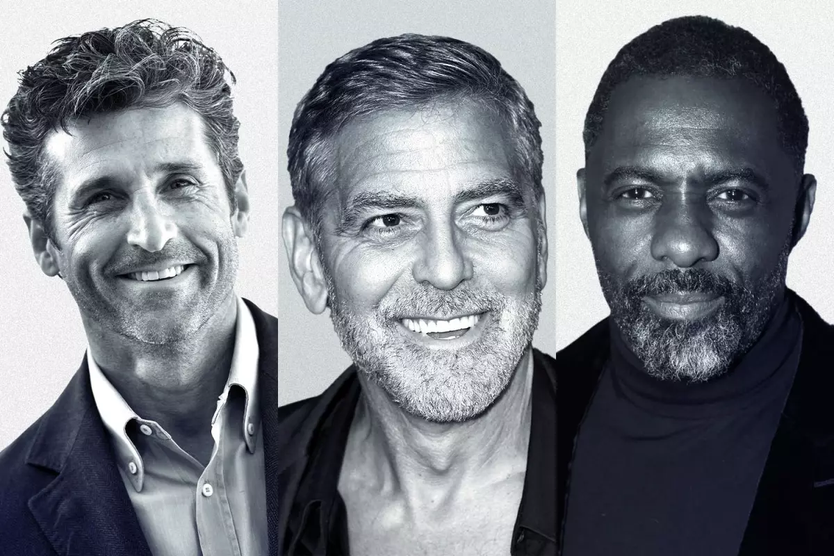 Schwaarz a wäiss Fotoe vum Patrick Dempsey, George Clooney an Idris Elba