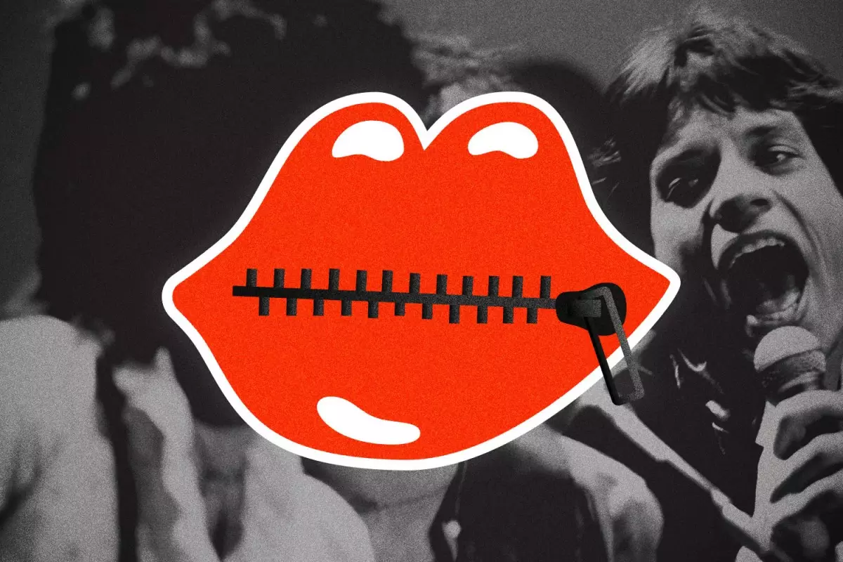 Yon logo Rolling Stones ak bouch zip fèmen