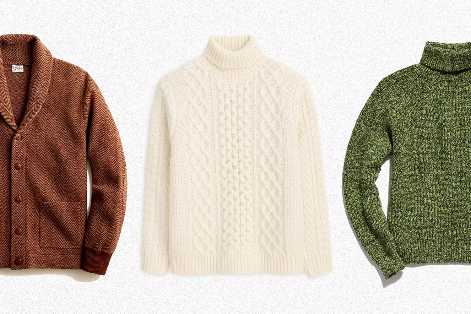 Awọn sweaters Idupẹ pipe mẹta fun awọn ọkunrin, cardigan lati J.Crew, okun-ọṣọ lati Alex Mill ati turtleneck lati Inis Meáin