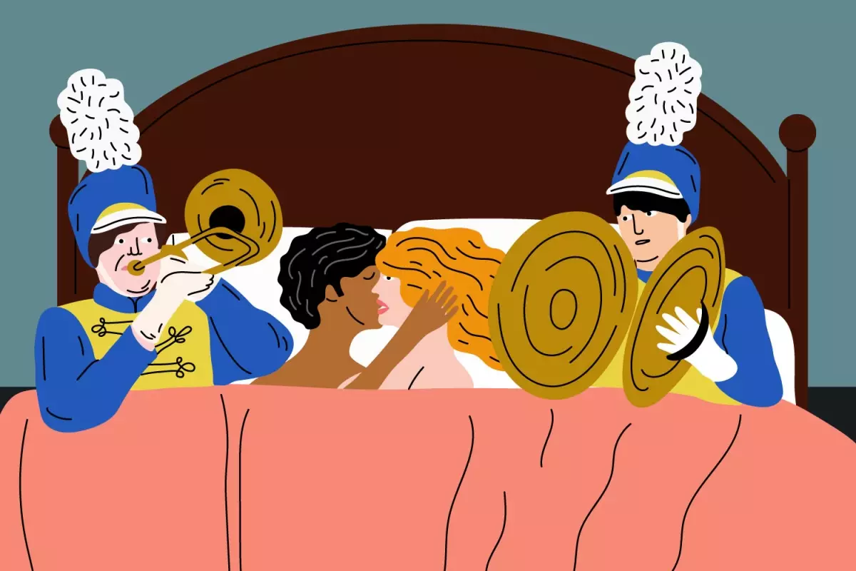 L'illustration montre un couple au lit avec une fanfare