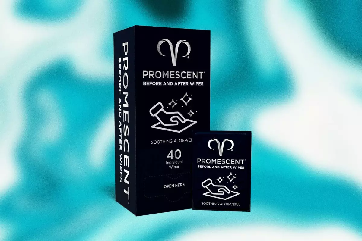 התמונה מציגה קופסה של מגבונים לפני ואחרי של Promescent על רקע כחול ומימי