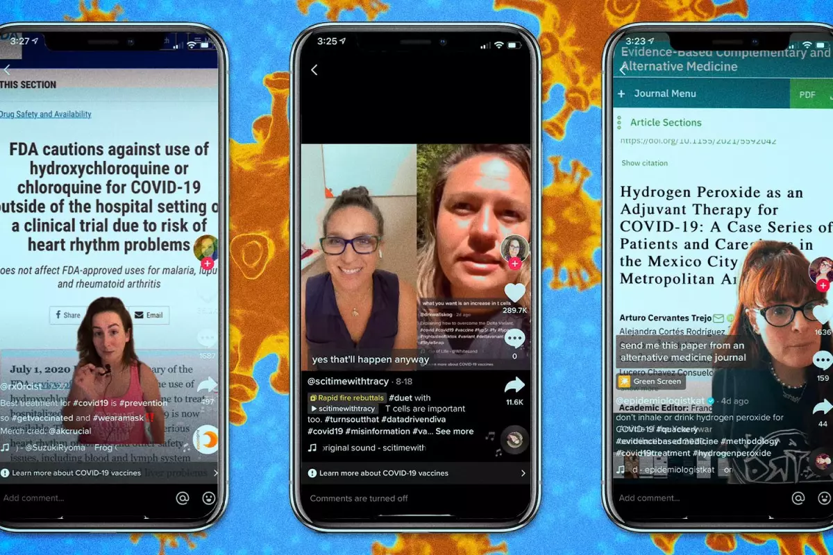 تصویری از سه کارشناس بهداشتی از TikTok: @scitimewithtracy، @epidemiologistkat و @rx0rcist که در TikTok، با اطلاعات نادرست شایع پیرامون کووید-19 و واکسنها مبارزه میکنند و آن را از بین میبرند.