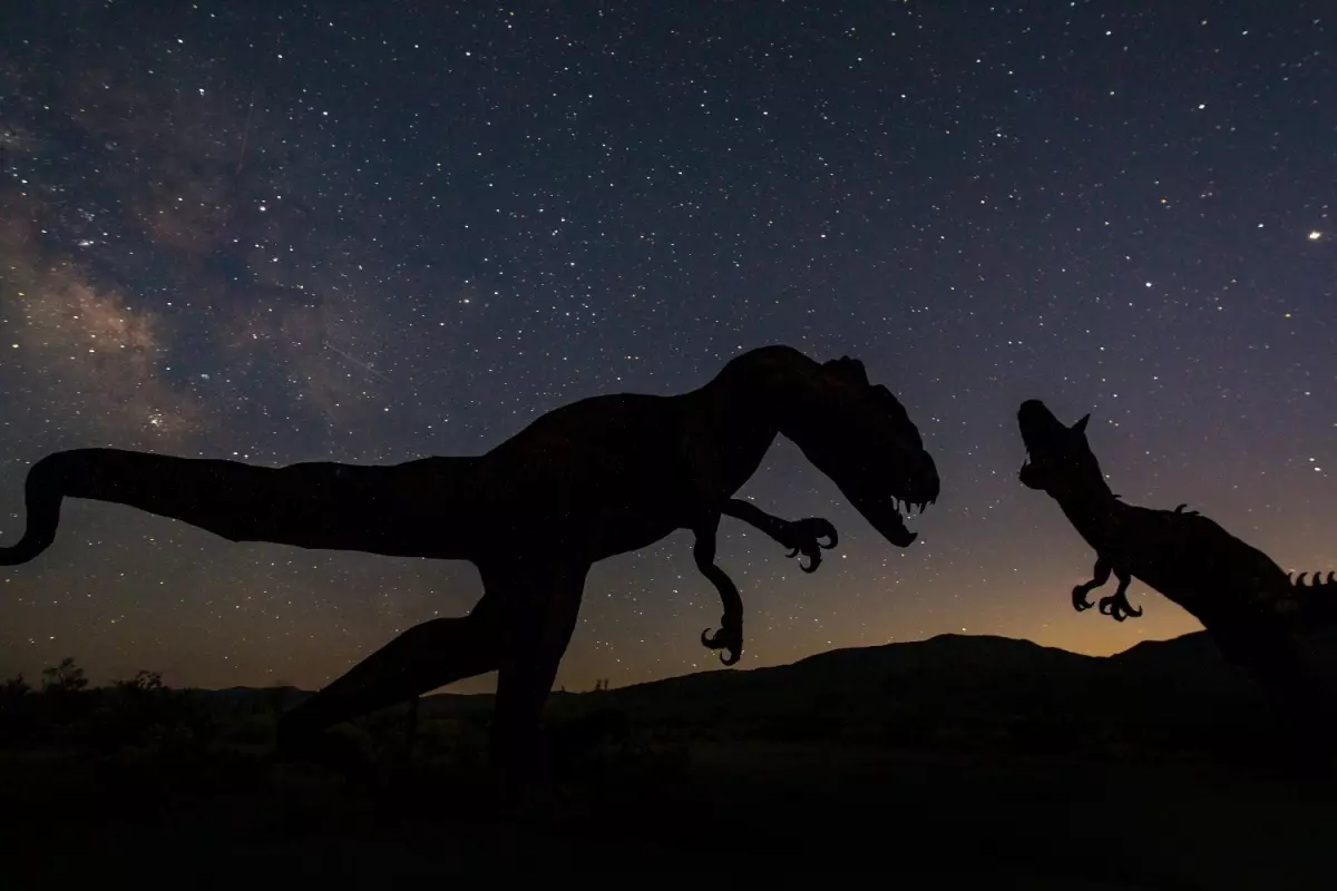 siluetes de dos dinosaures a punt de gaudir d'una vetllada romàntica sota les estrelles.