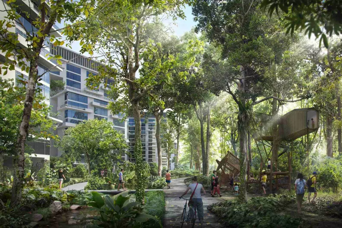 Isang rendering ng Forest Hill District sa iminungkahing matalino at napapanatiling lungsod na Tengah ng Singapore
