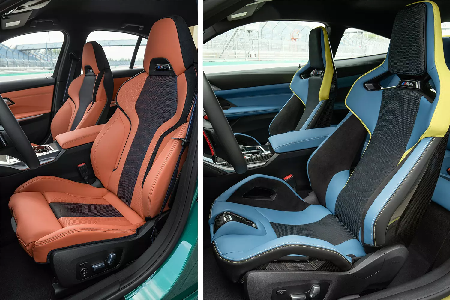 Առջևի նստատեղերը նոր 2021 BMW M3 Competition Սեդանում (ձախ)՝ նոր 2021 BMW M4 Competition Coupe-ի առջևի նստատեղերի կողքին (աջ), աջ կողմում գտնվող նստատեղերը՝ ածխածնային մանրաթելից շչակով վարորդի և ուղևորի ոտքերի միջև։