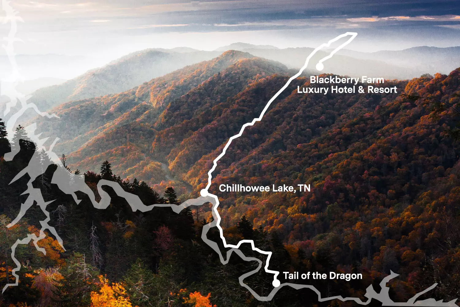 La meilleure route panoramique des Appalaches, US 129 en NC et TN, ou La queue du dragon, traverse le parc national des Great Smoky Mountains