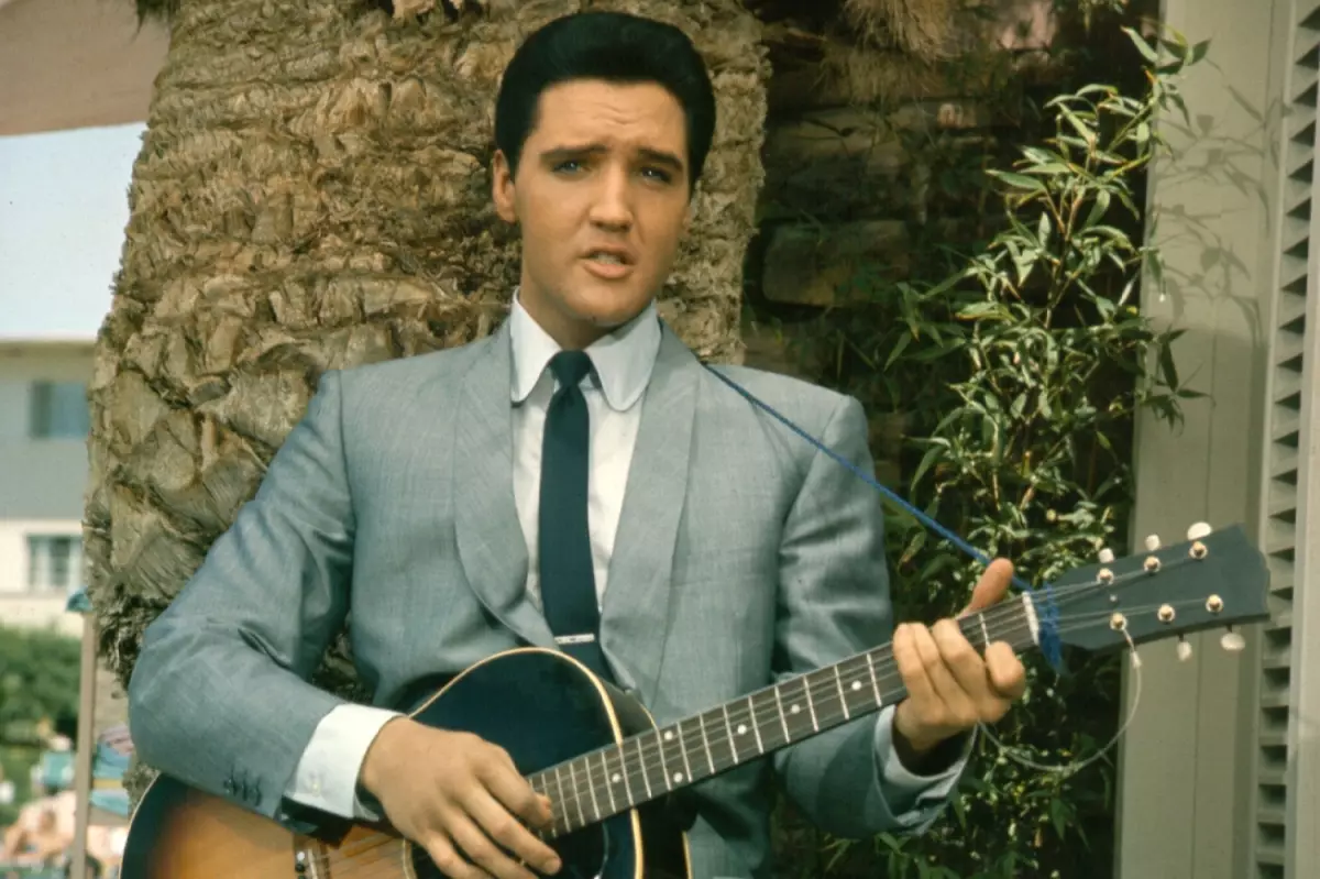 Le chanteur de rock and roll Elvis Presley gratte sa guitare acoustique près d'un palmier vers 1965.