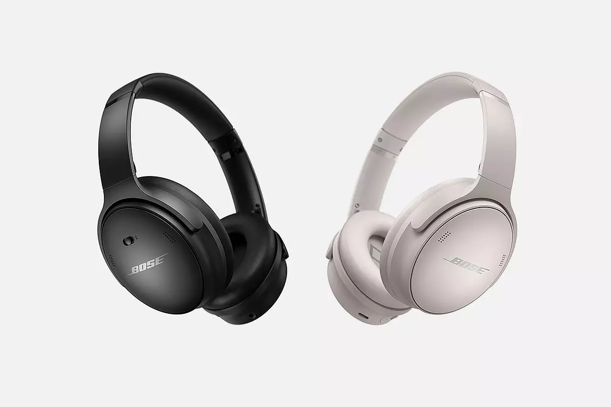 Ii-headphone ze-Bose QuietComfort 45, eziboniswe kumnyama kunye nomsi omhlophe, imibala emibini ekhoyo