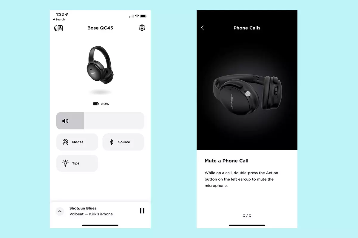 Bose QuietComfort 45 ഹെഡ്ഫോണുമായി ജോടിയാക്കുന്ന ബോസ് മ്യൂസിക് ആപ്പിൽ നിന്നുള്ള രണ്ട് സ്ക്രീൻഷോട്ടുകൾ